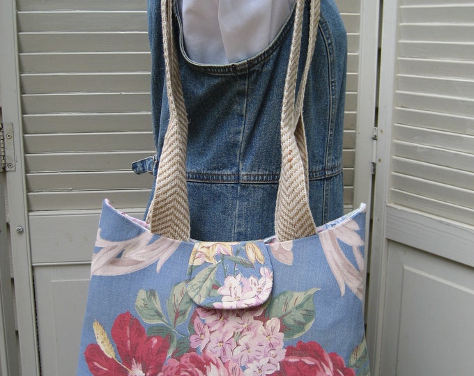 Vintage Barkcloth Shoulder Bag RARE Blues & Pink Floral Heavy Barkcloth ...