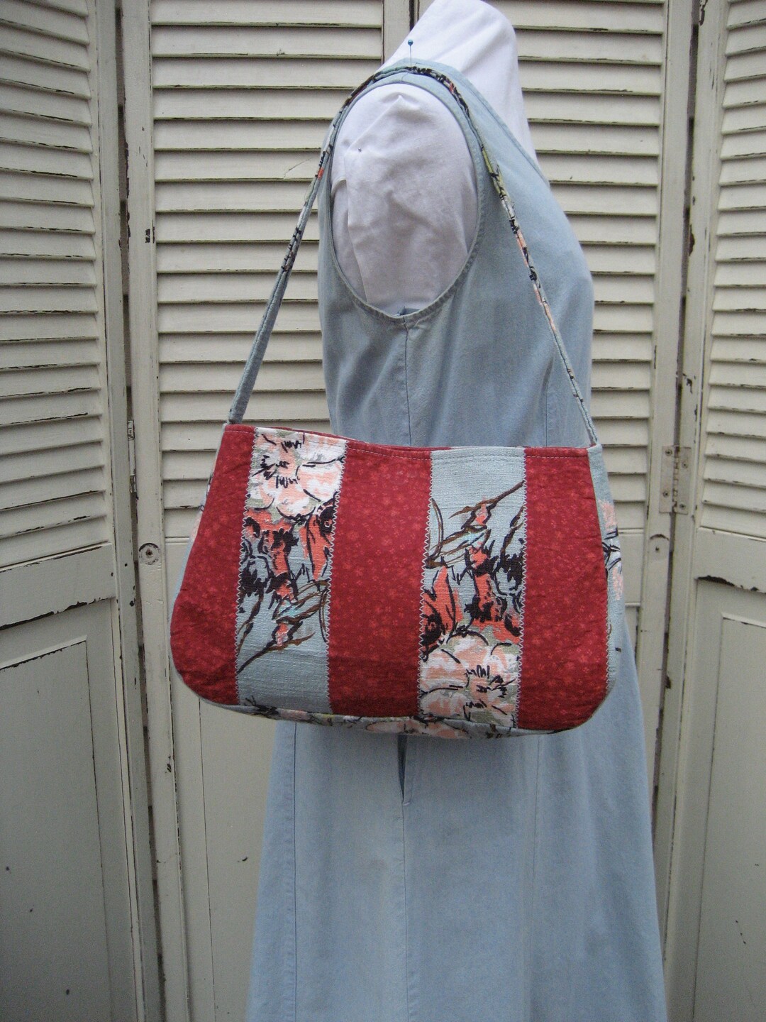 Vintage Barkcloth Patchwork Bag: Decorative Stitched Cotton Shoulder ...
