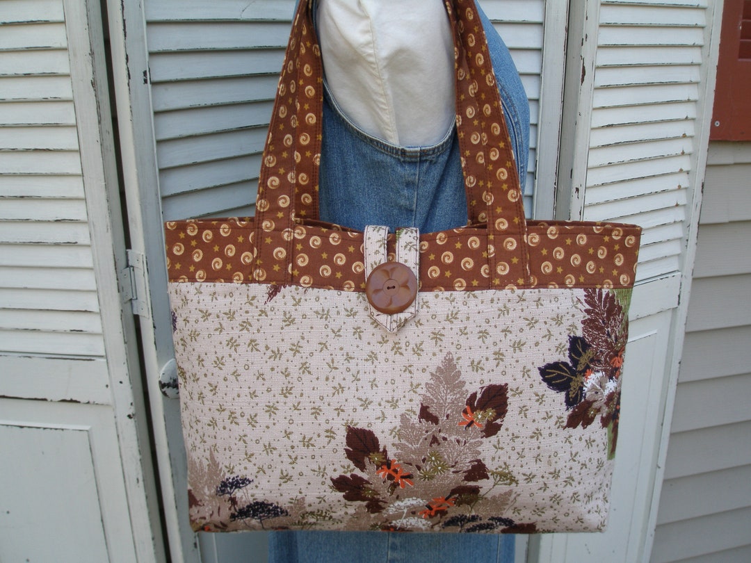 Vintage Barkcloth Tote Bag: Large Market Bag With Gold Spatter Leaves ...