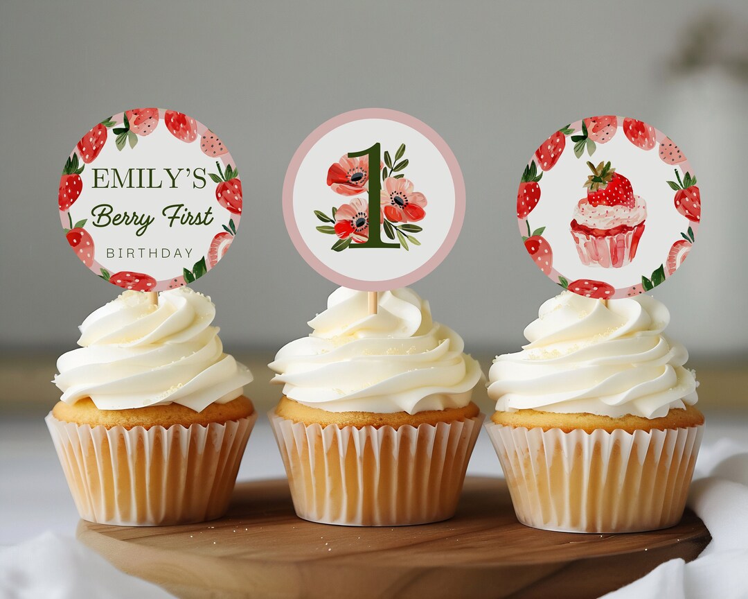Berry First Birthday Printable Cupcake Toppers | Strawberry Evite 1st ...