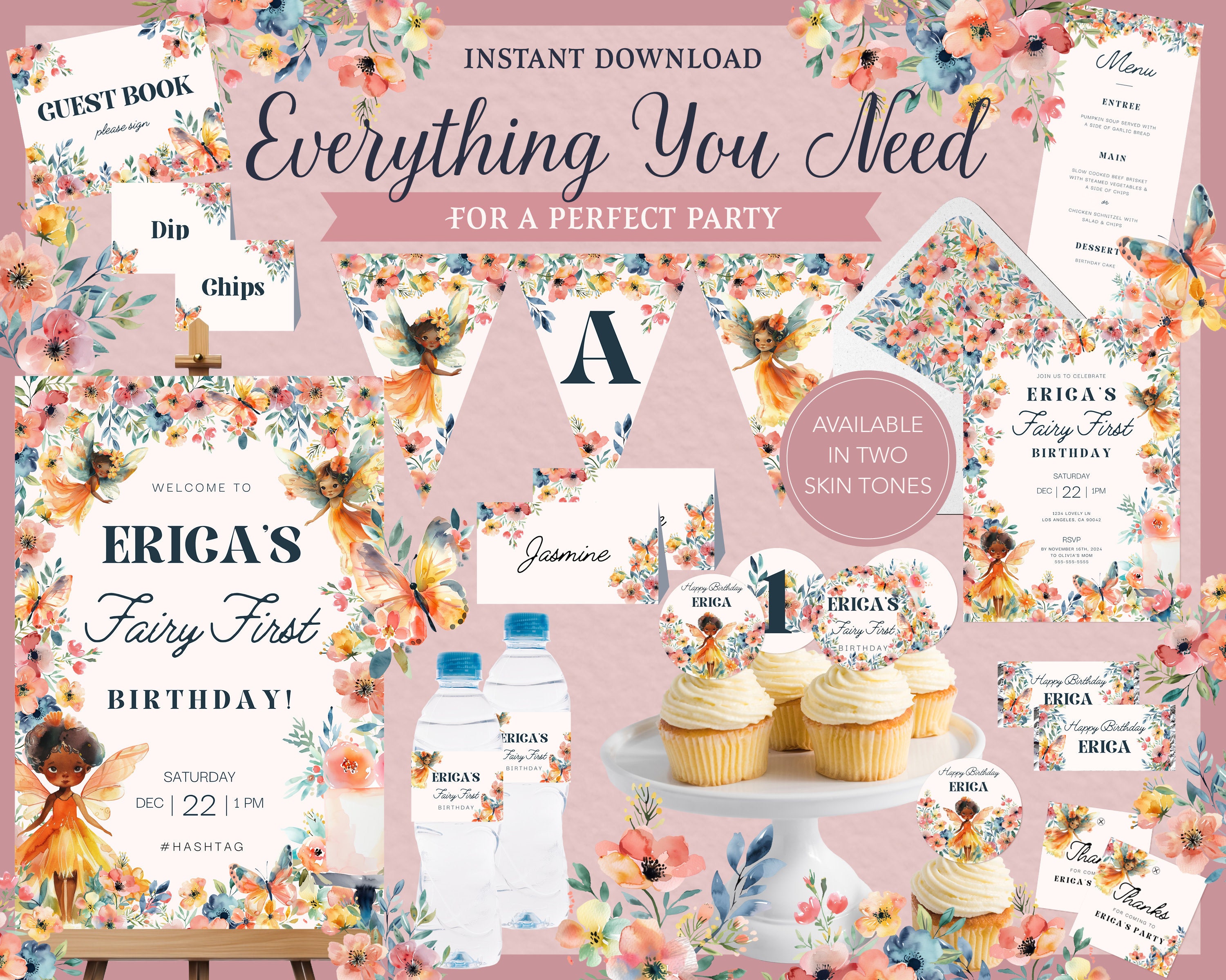 Fairy First Birthday Printable Party Suite Bundle | Wildflower Evite ...