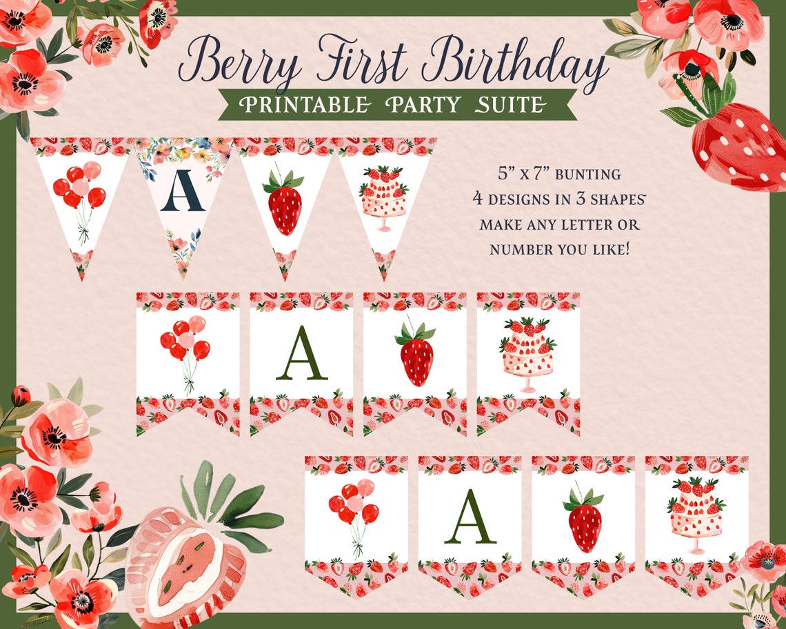 Berry First Birthday Printable Bunting Banner Strawberry Evite 1st ...