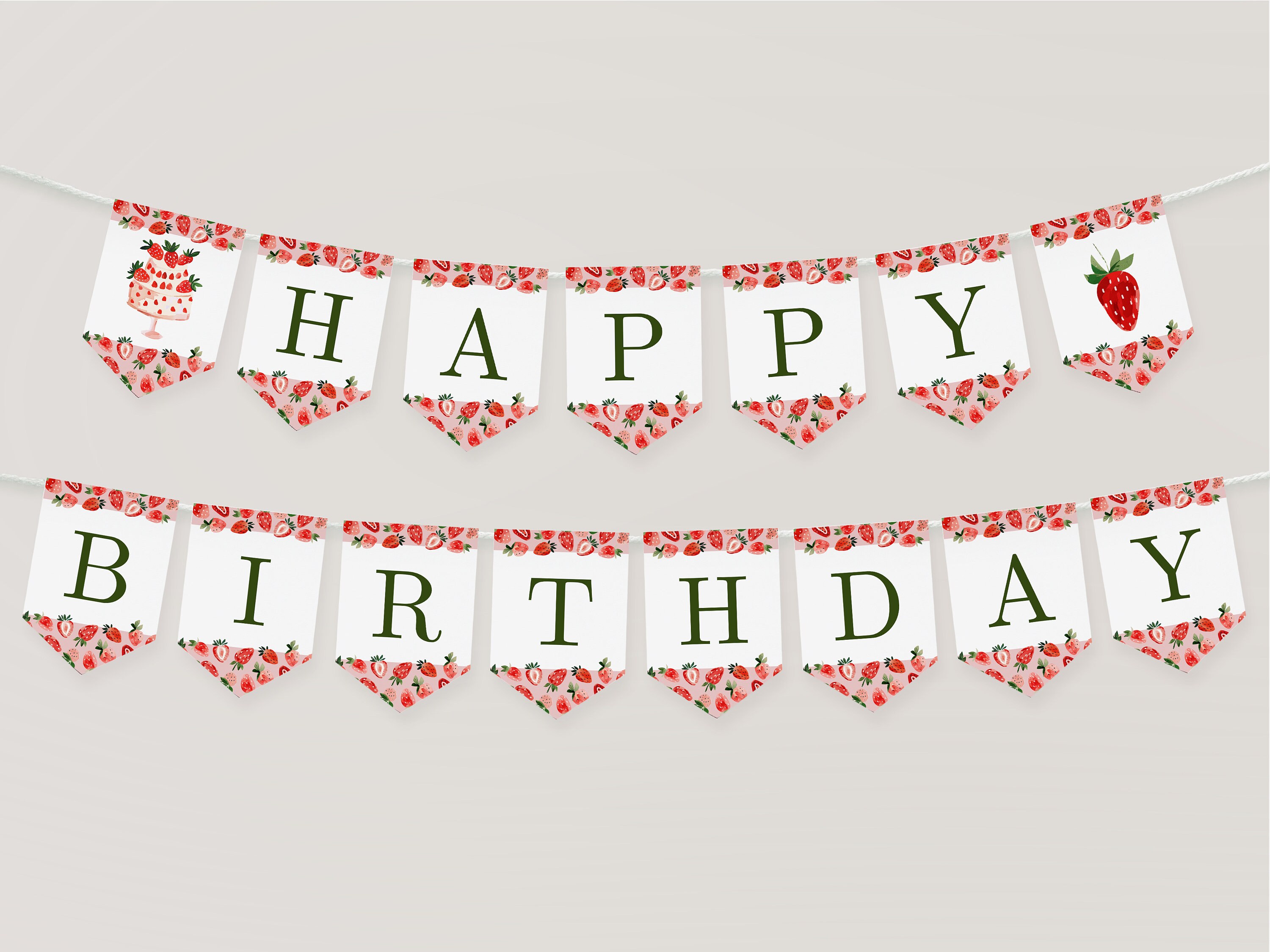 Berry First Birthday Printable Bunting Banner Strawberry Evite 1st ...
