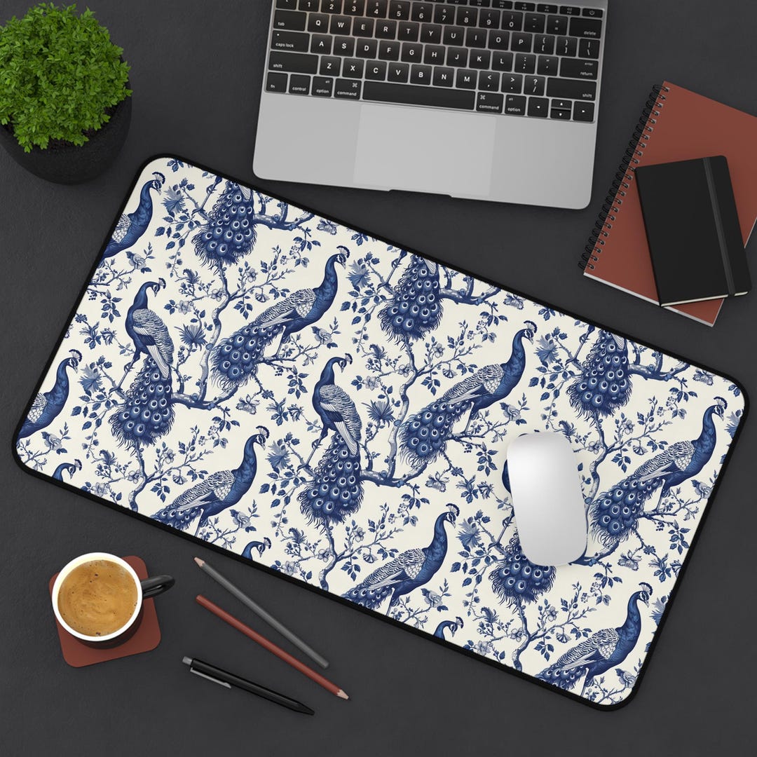 Chinoiserie Desk Mat | French Toile Large Mouse Pad | Peacock Print ...
