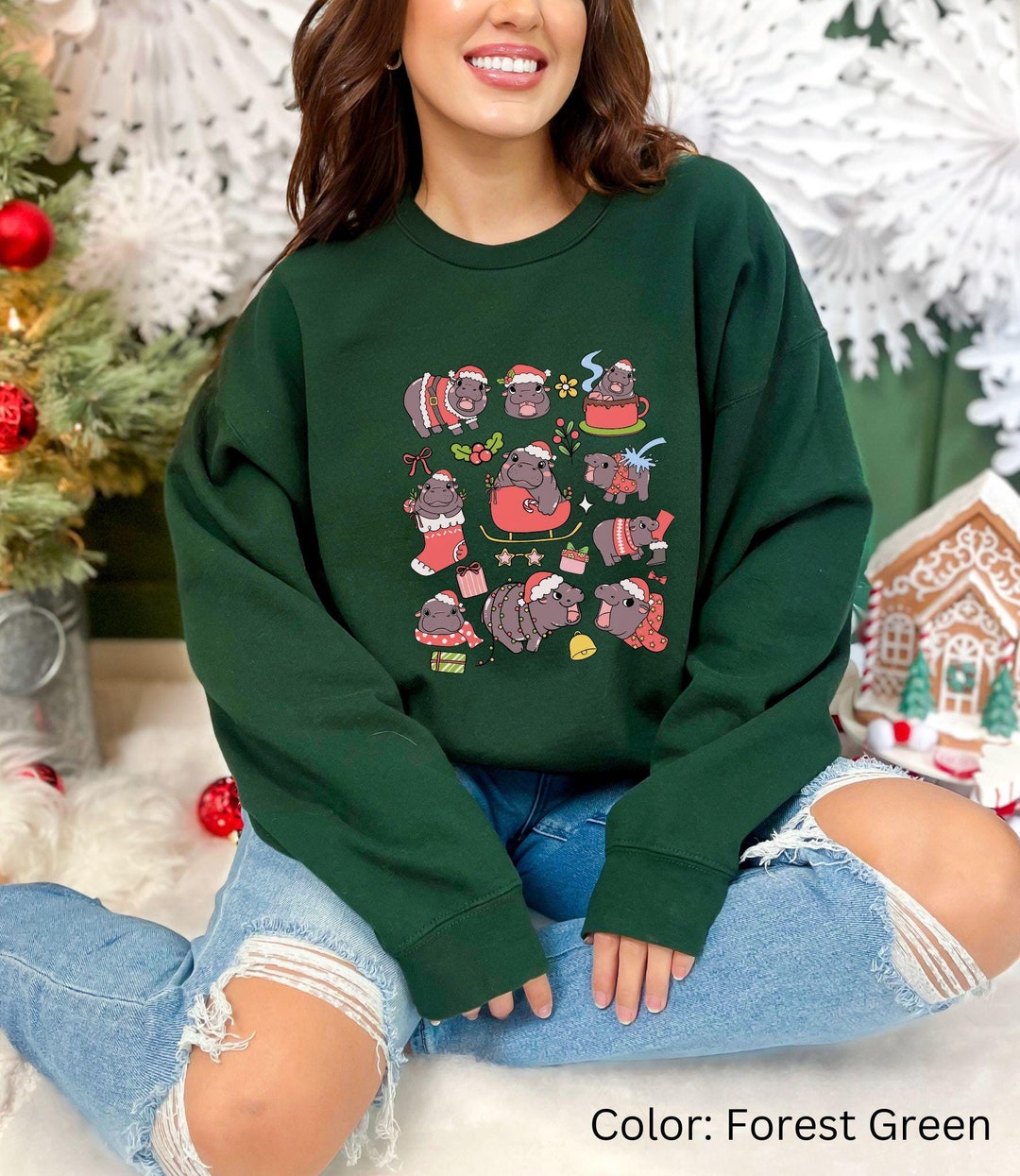 Moo Deng Christmas Shirt Moodeng Holiday Crewneck Sweatshirt Viral Baby ...