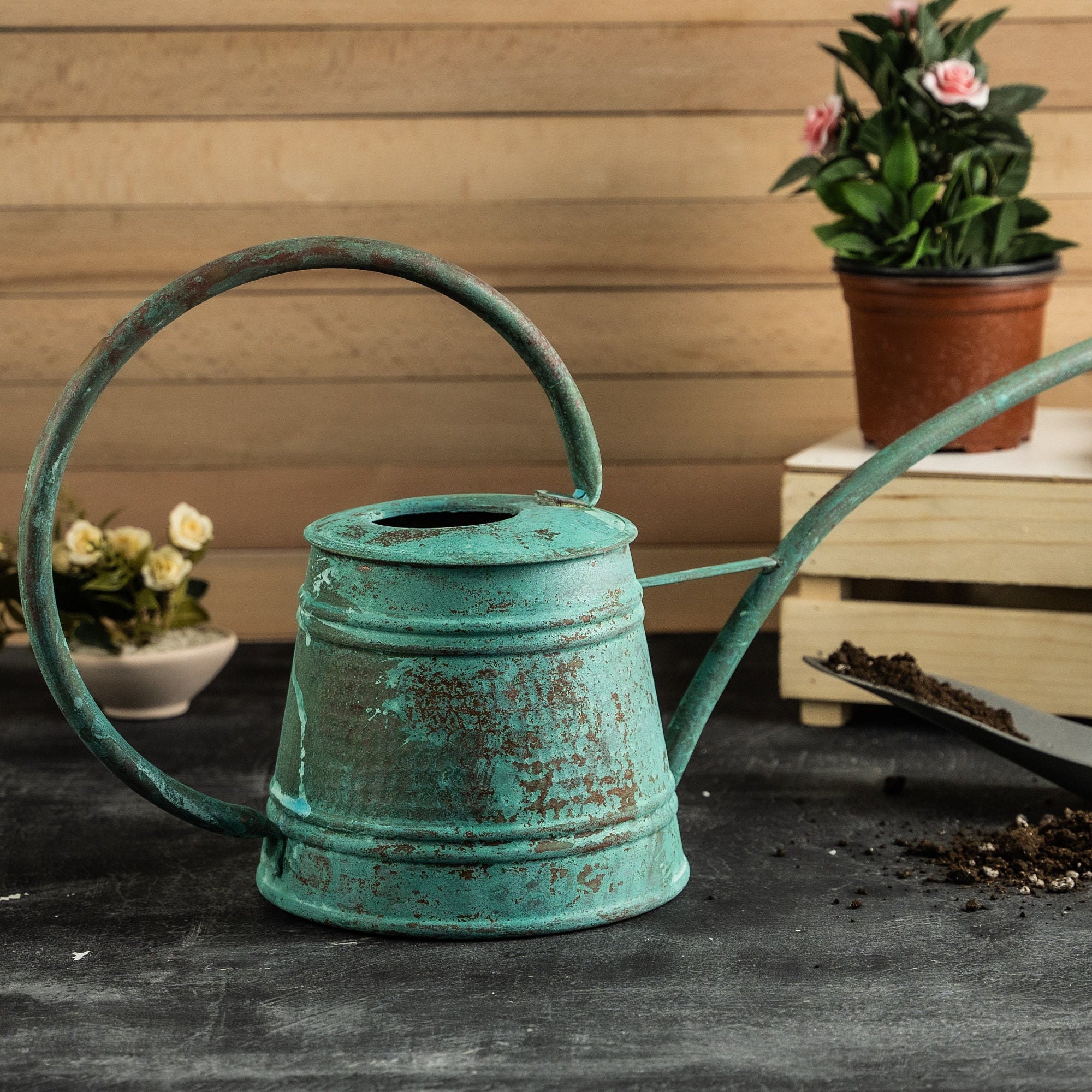 Solid Copper Watering Can Green Patina Long Spout Handmade Copper ...