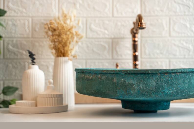 Blue Patina Low Profile Solid Copper Vessel Sink Hammered Solid Copper ...
