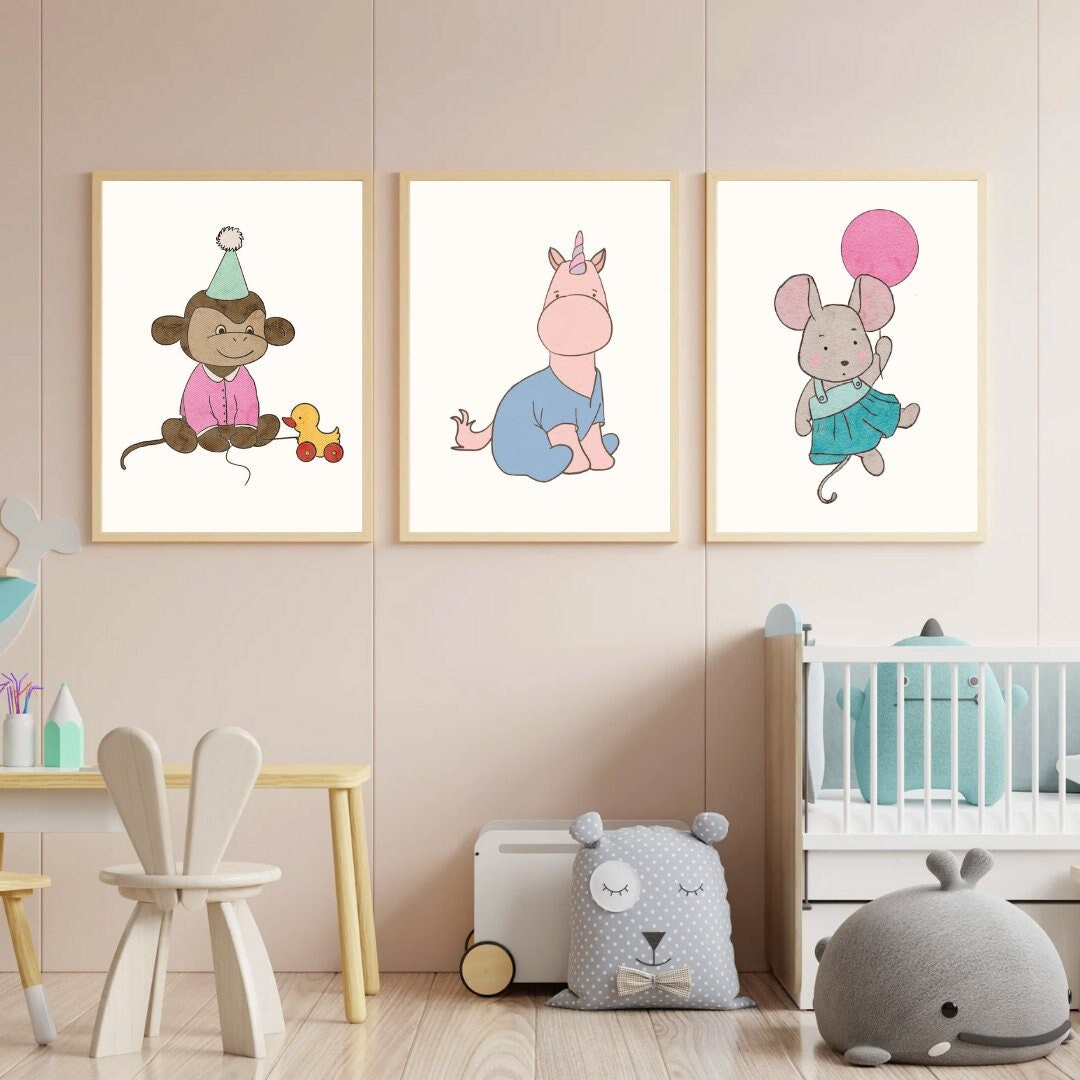 Cute Animals Drawing Set of 3 Printable Wall Art for Nursery Room, Kid ...