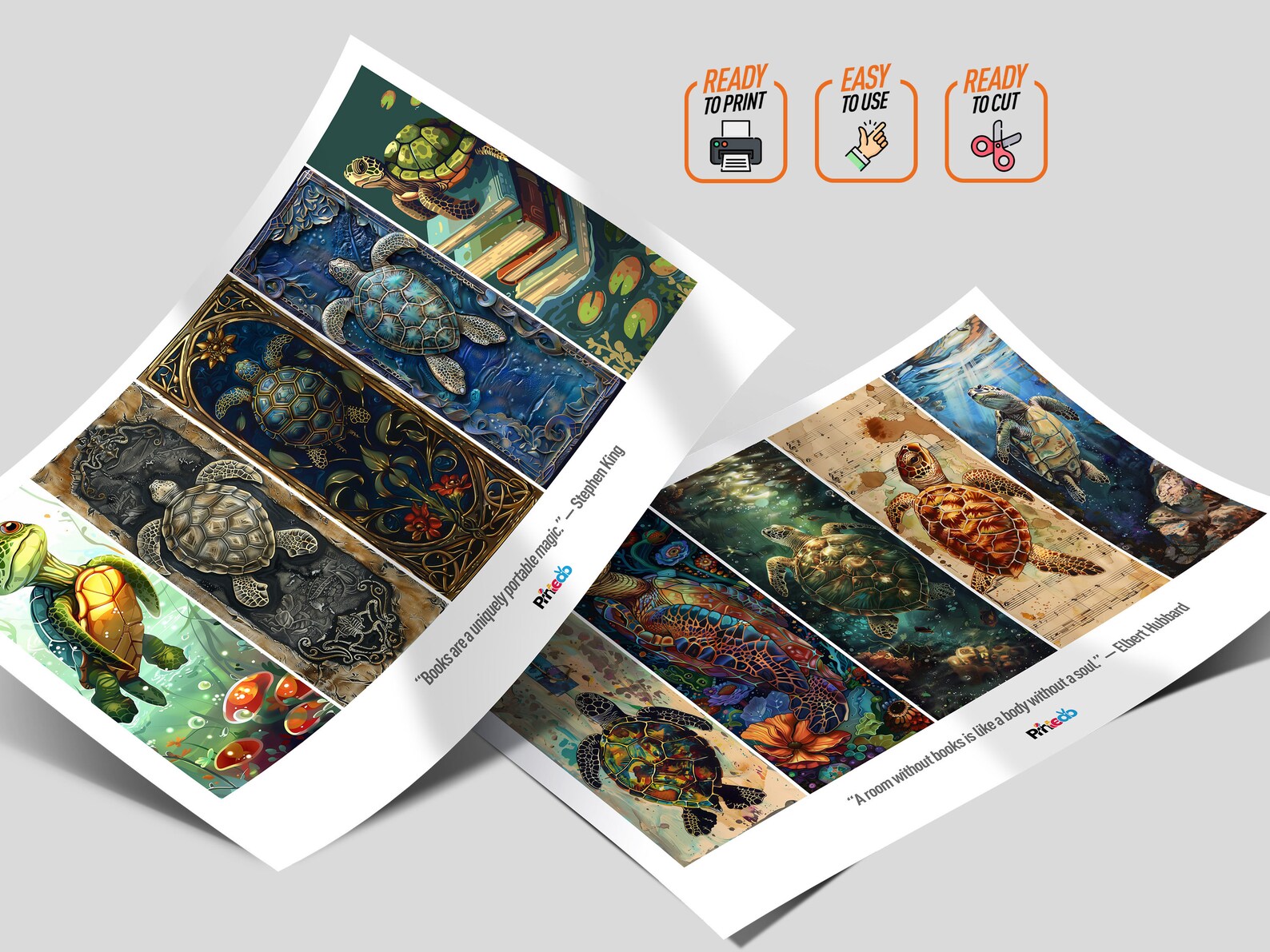 Turtle Themed Digital Bookmarks Printable Bookmark Set 10 Unique ...