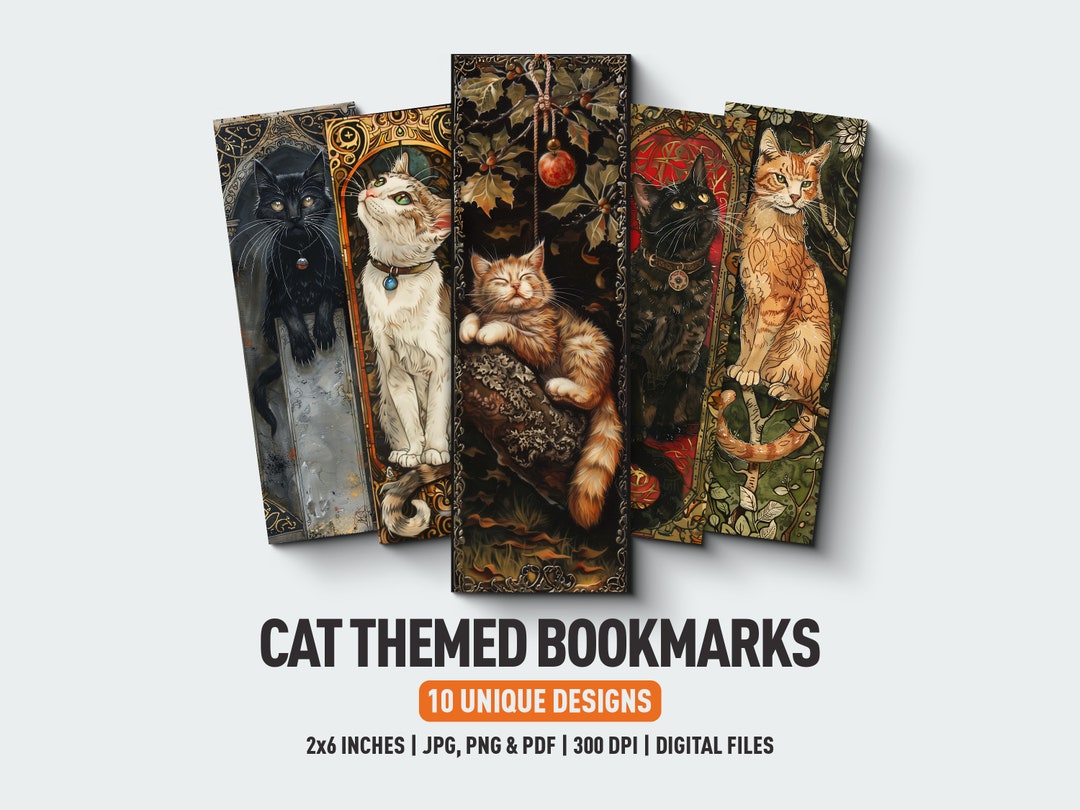 Cat Themed Digital Bookmarks Printable Bookmark Set 10 Unique Designs ...