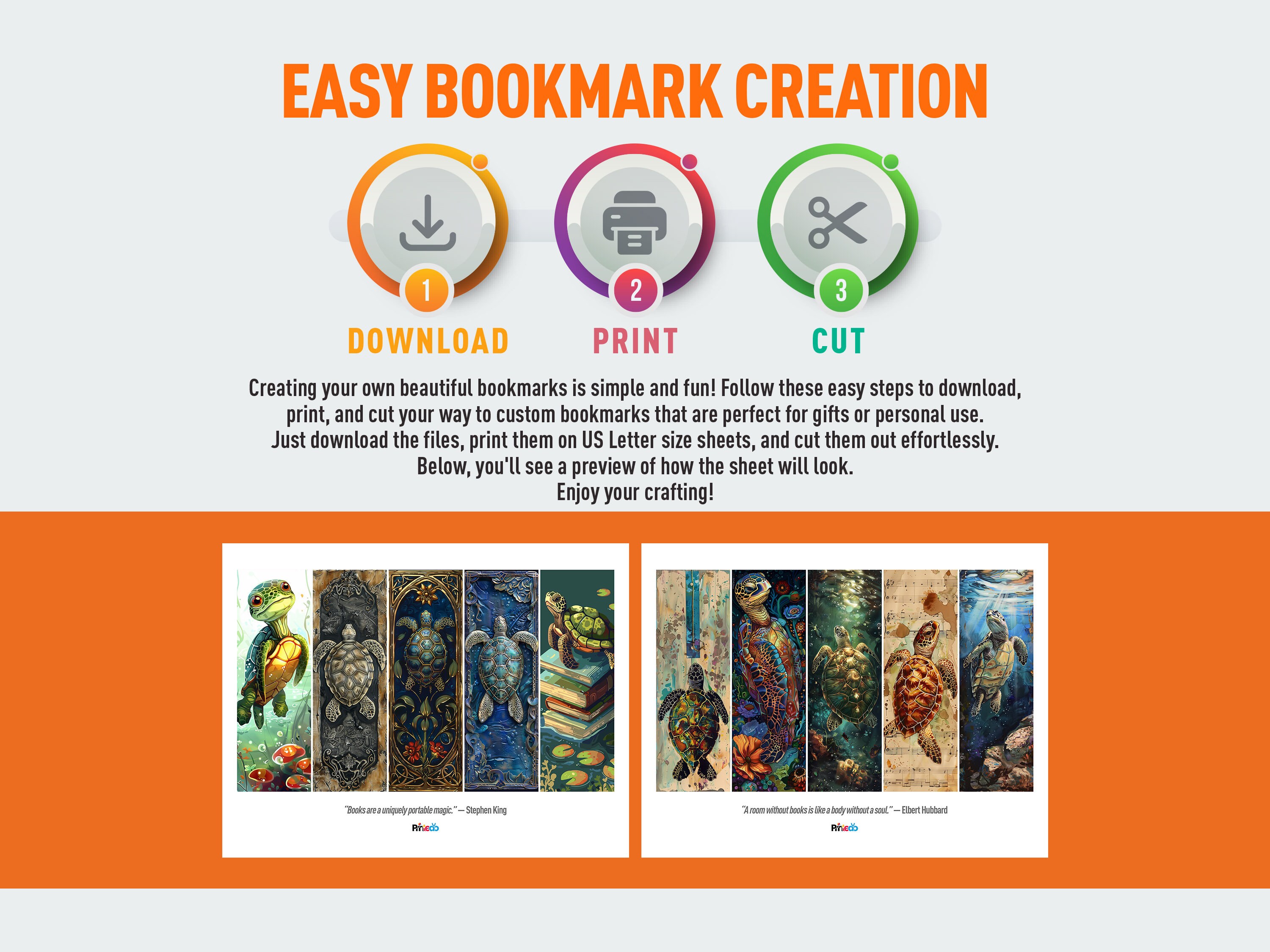 Turtle Themed Digital Bookmarks Printable Bookmark Set 10 Unique ...