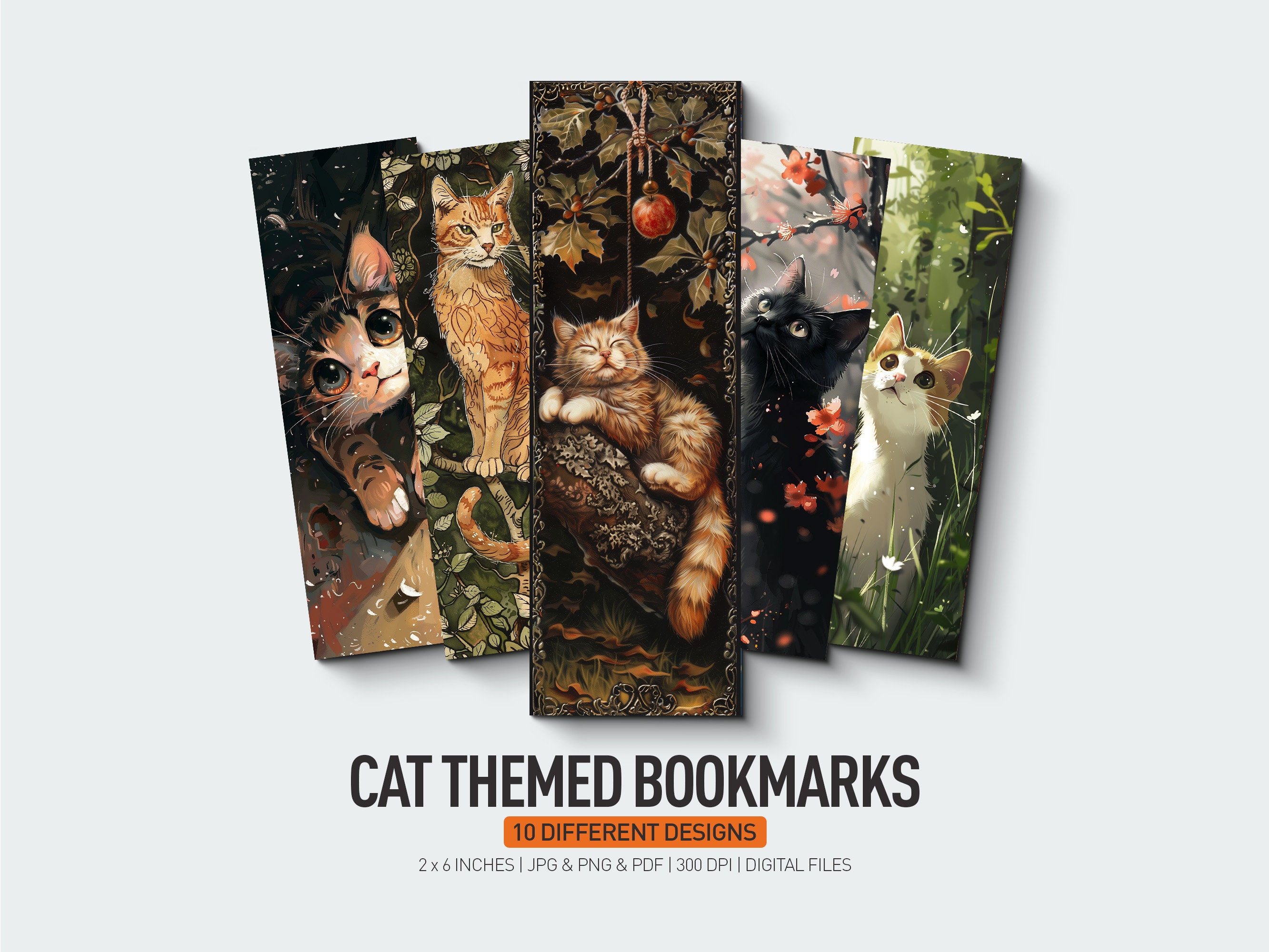 Cat Themed Digital Bookmarks Printable Bookmark Set 10 Unique Designs ...