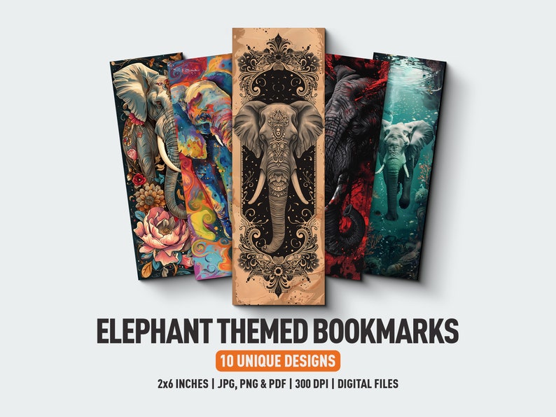 Elephant Themed Digital Bookmarks Printable Bookmark Set 10 Unique ...