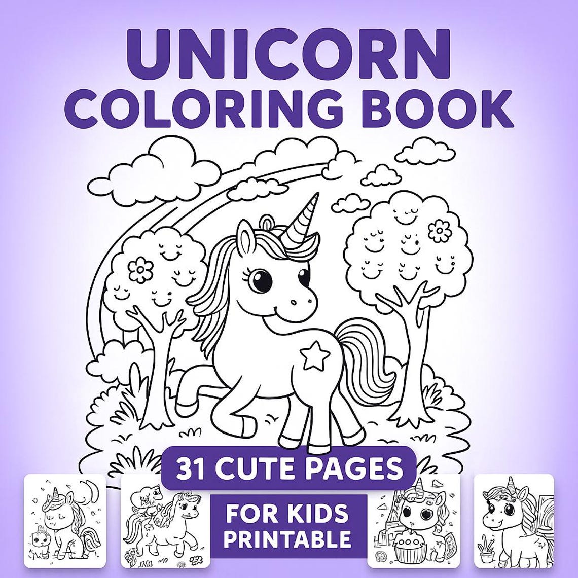 Unicorn Coloring Book – 31 Pages for Kids (PDF Download - Etsy