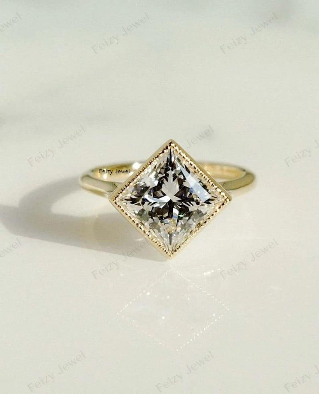 Full Bezel Milgrain Set Wedding Ring, Princess Cut Moissanite ...