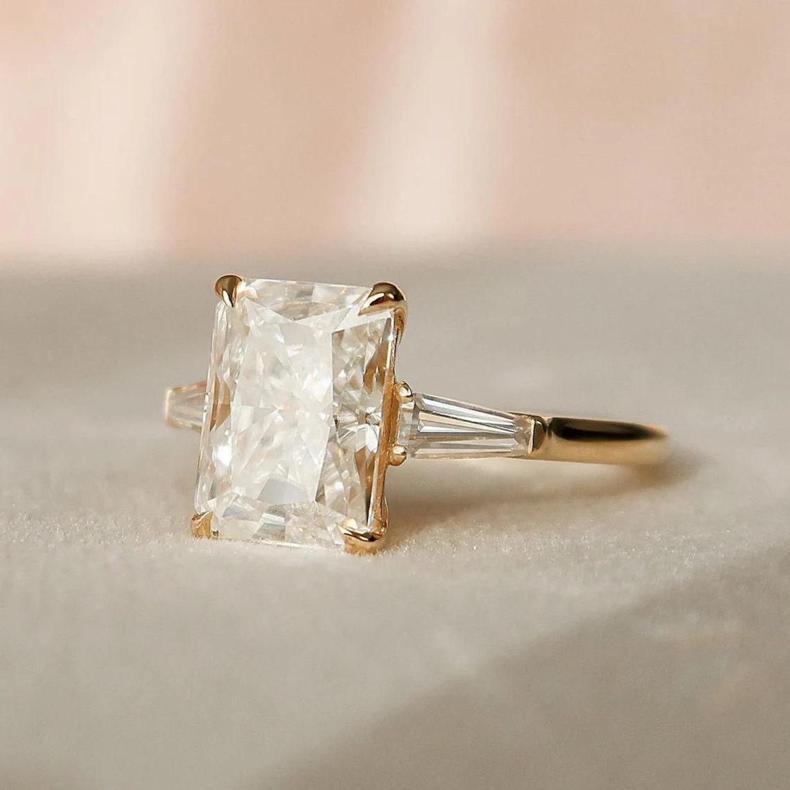Classic Three Stone Wedding Ring, Radiant Cut Engagement Ring, Baguette ...
