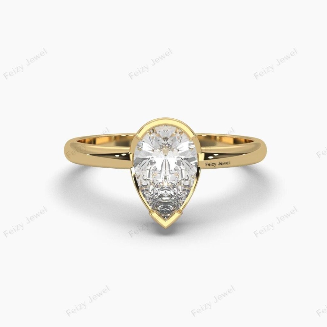 Half Bezel Set Solitaire Diamond Ring, 2.0 CT Pear Cut Moissanite ...