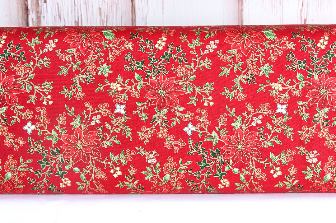 Moda, Merry Manor Metallic, Gold Metallic Poinsettias and Vines on Red ...