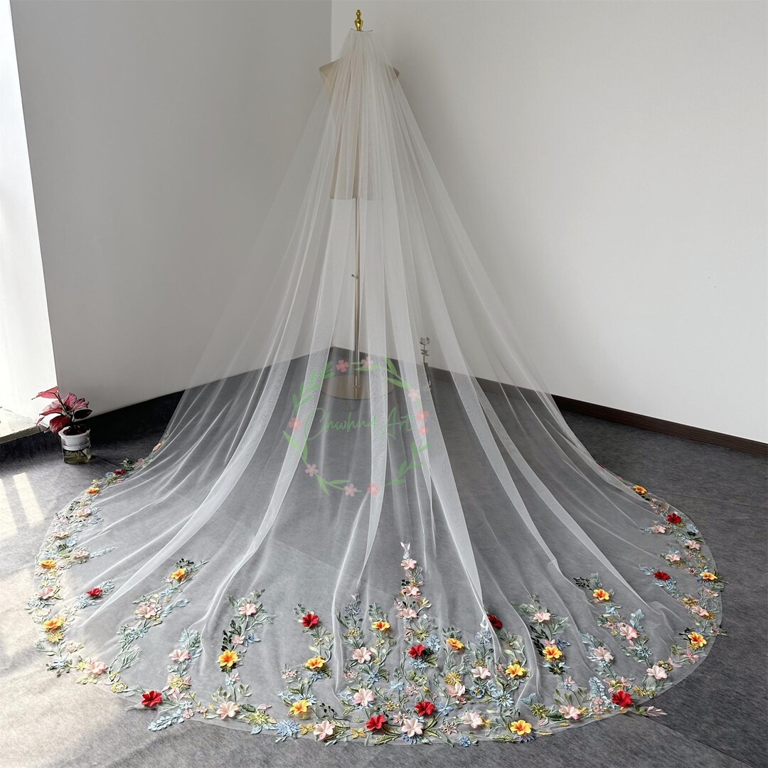 3D Flower Appliques Veil for Wedding Plant Veils Cathedral Wedding ...