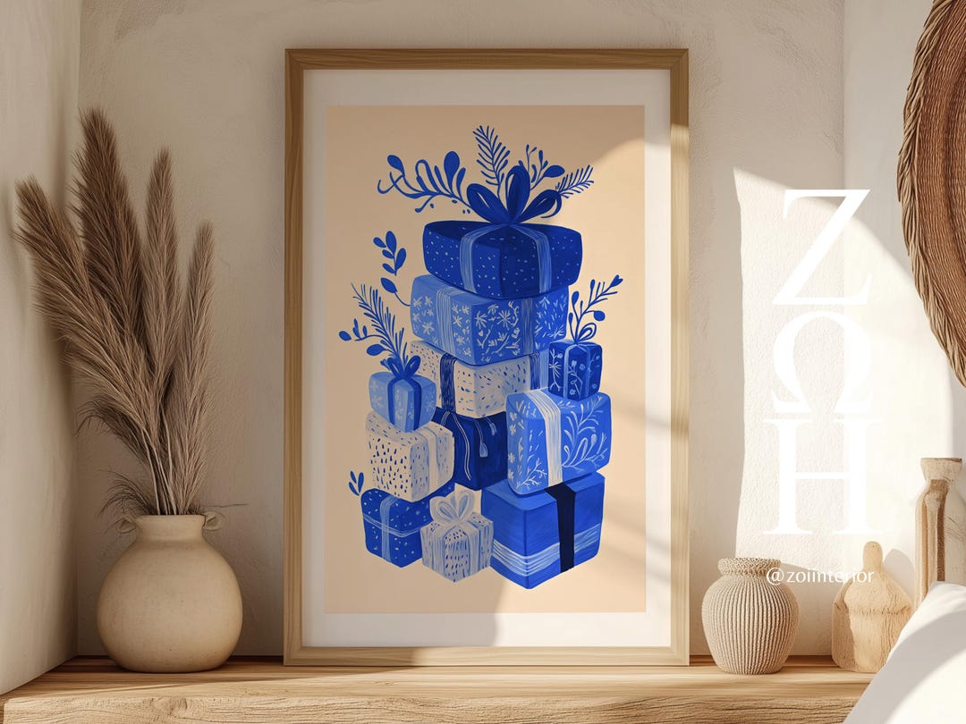 Blue Christmas Gift Stack Digital Print, Festive Holiday Decor, Elegant ...