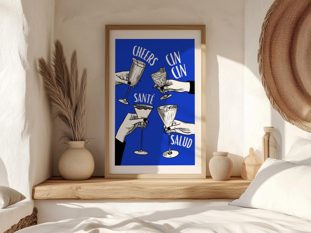 Hand Drawn Cheers Cin Cin Santé Salud Art Print, International Toasting Wall Art for Bar Decor ...