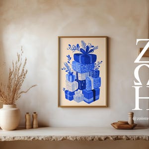 Blue Christmas Gift Stack Digital Print, Festive Holiday Decor, Elegant ...