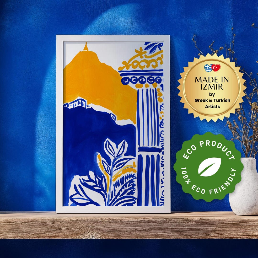 Navy and Yellow Greek Temple Art Print, Mediterranean Digital Poster ...