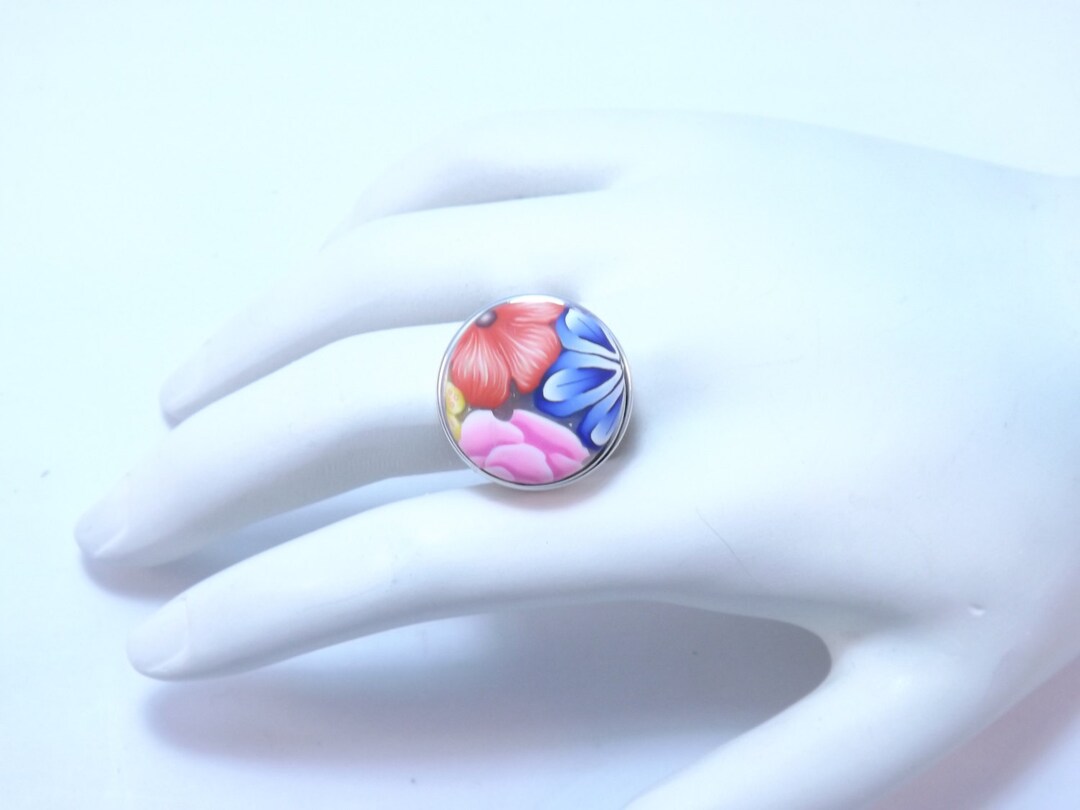 Snap Button Adjustable Ring With Handmade Colorful Millefiori Button ...