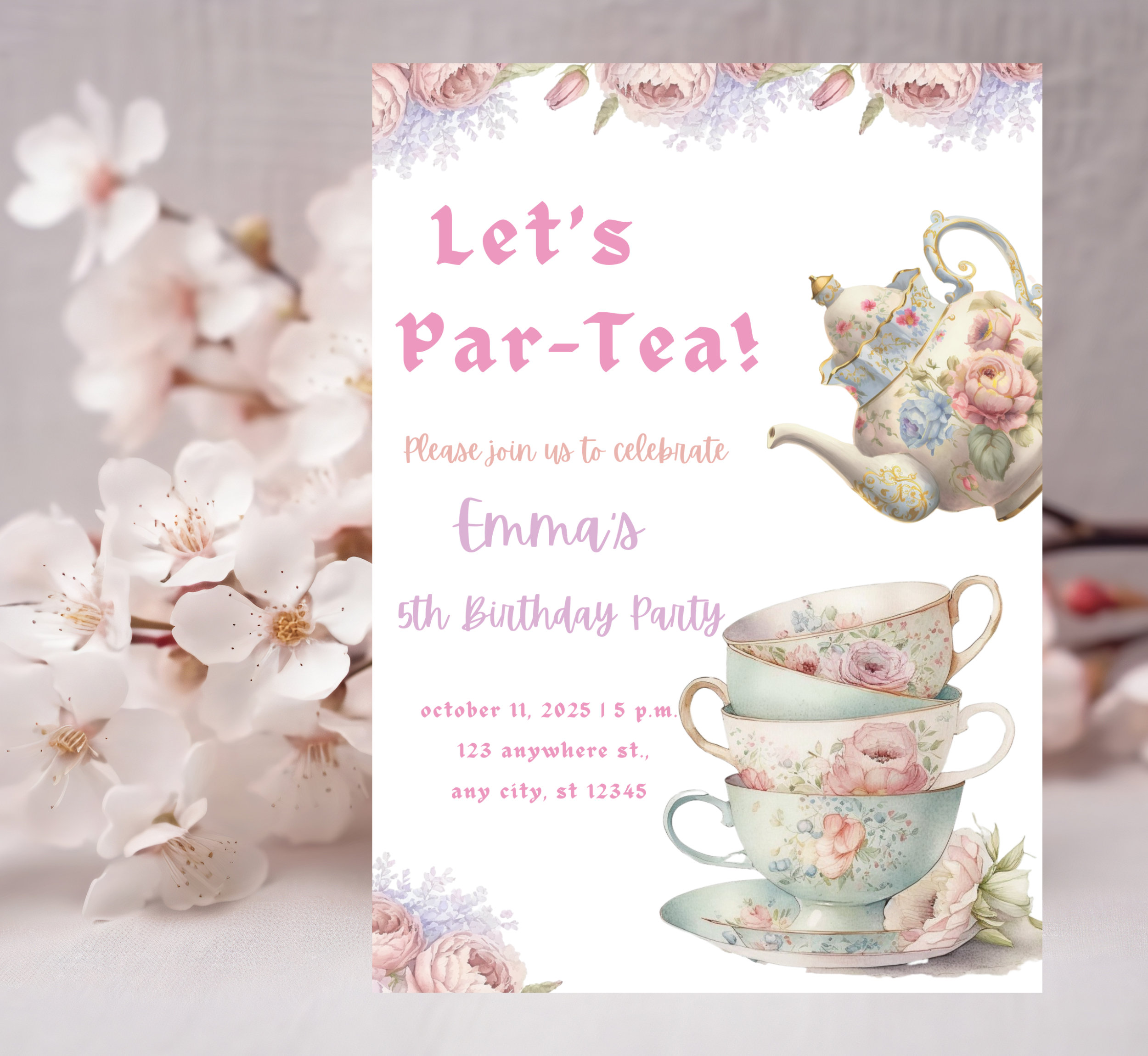 Editable Let's Par-tea Birthday Invitation, Tea Party Girls Birthday ...