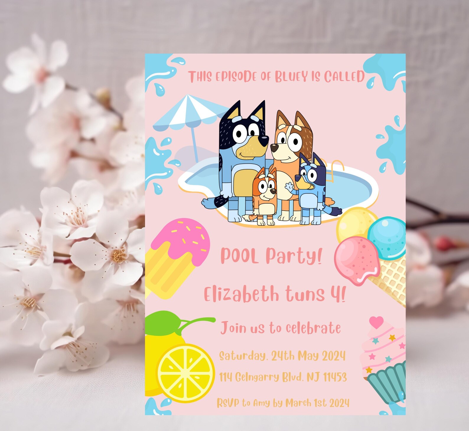 Editable Girl Bluey Pool Party Birthday Invitation Template, Printable ...