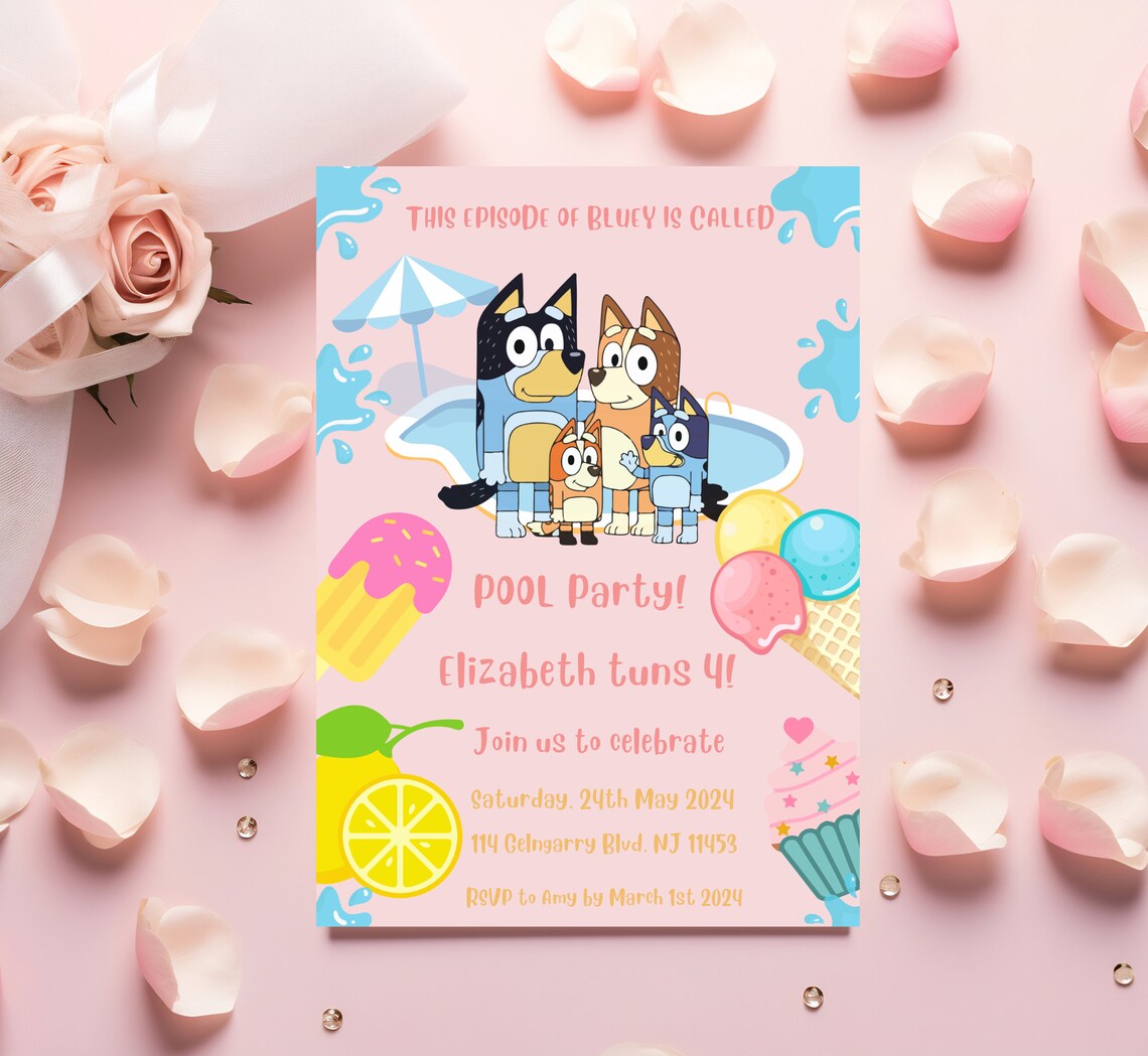 Editable Girl Bluey Pool Party Birthday Invitation Template, Printable ...