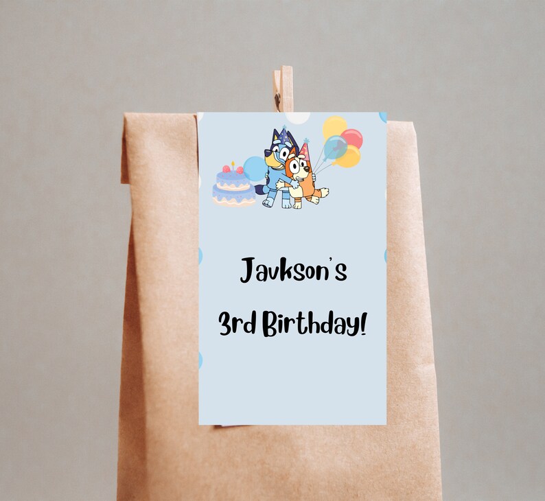 Editable Bluey Boy Rectangle Favor Tags, Bluey Party Supplies Label ...