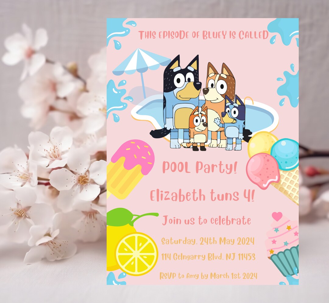 Editable Girl Bluey Pool Party Birthday Invitation Template, Printable ...