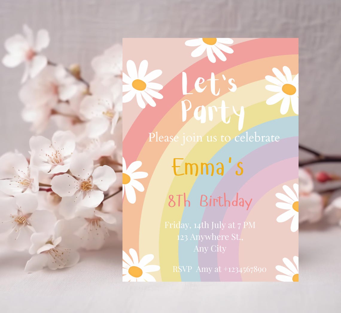 Editable Daisy Pastel Rainbow Birthday Party Invitation, Groovy Retro ...
