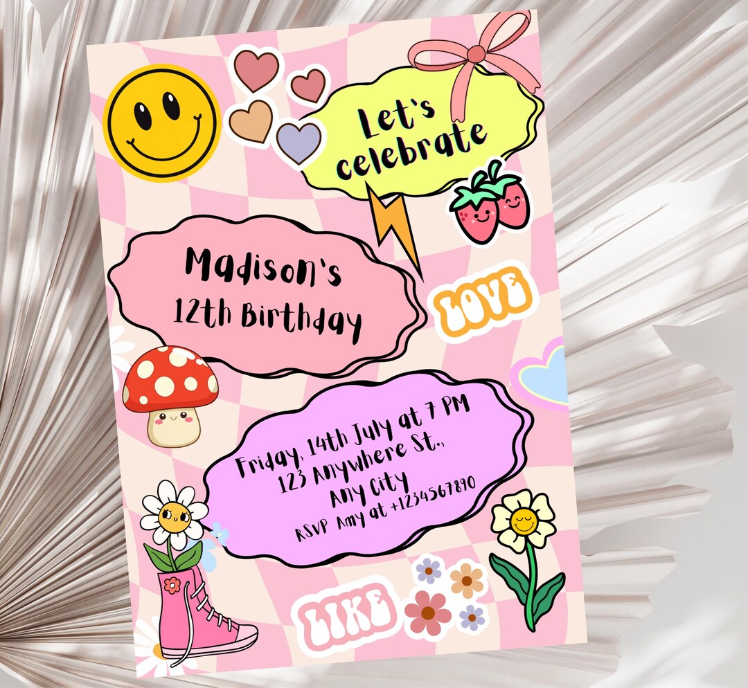 Editable Let's Party Checkered Smile Face Invitation Retro Groovy ...