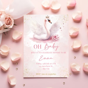 Editable Pink Swan Princess Baby Shower Invitation, Boho Baby Shower ...