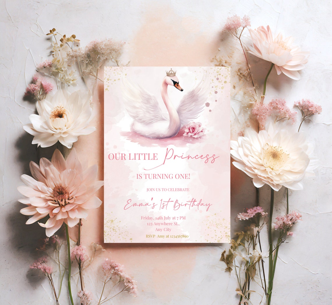 Editable Swan Princess Theme 1st, 2nd Birthday Invite, Girl Pink and ...