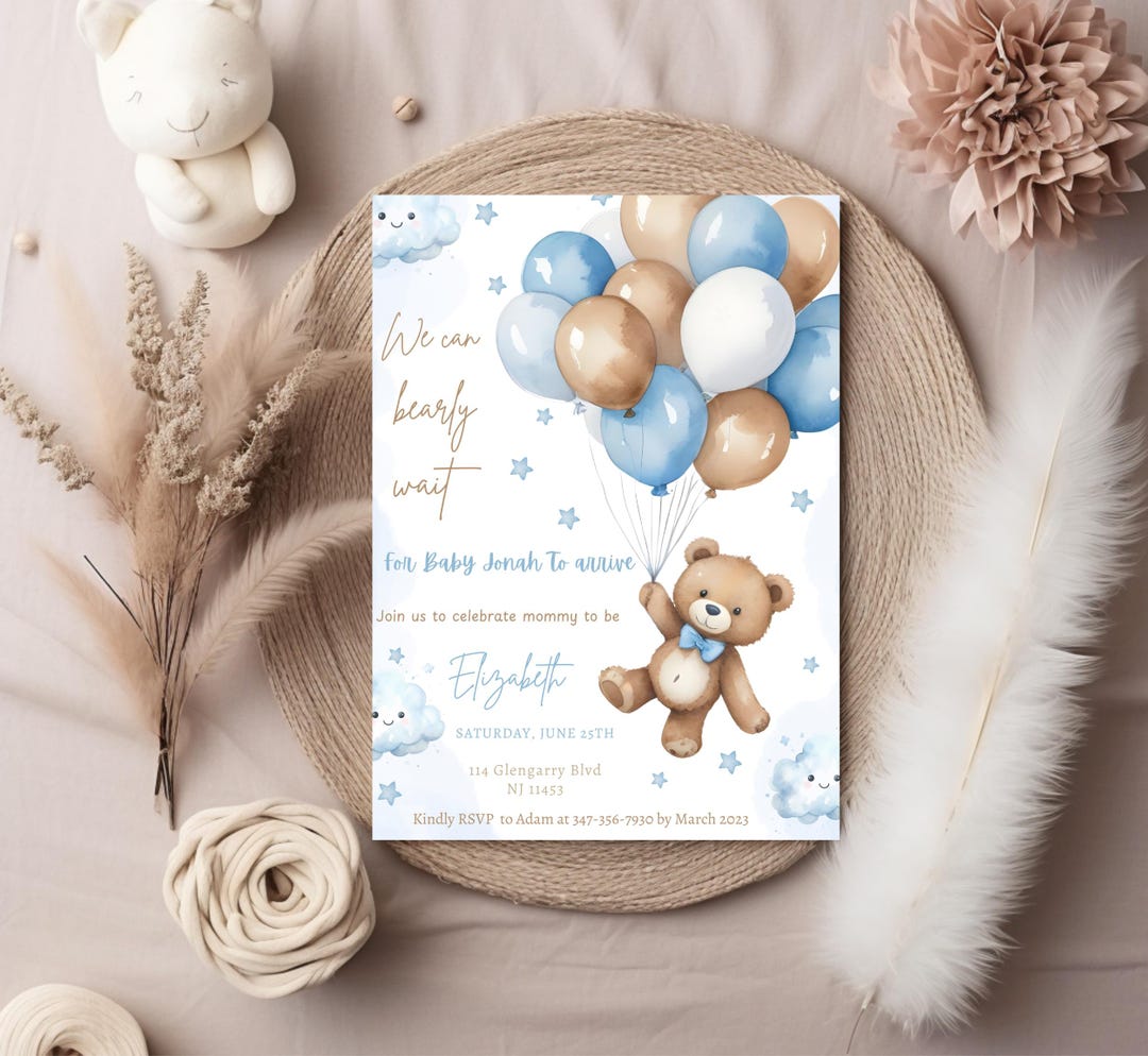 Editable We Can Bearly Wait Blue Teddy Bear Baby Shower Invitation ...