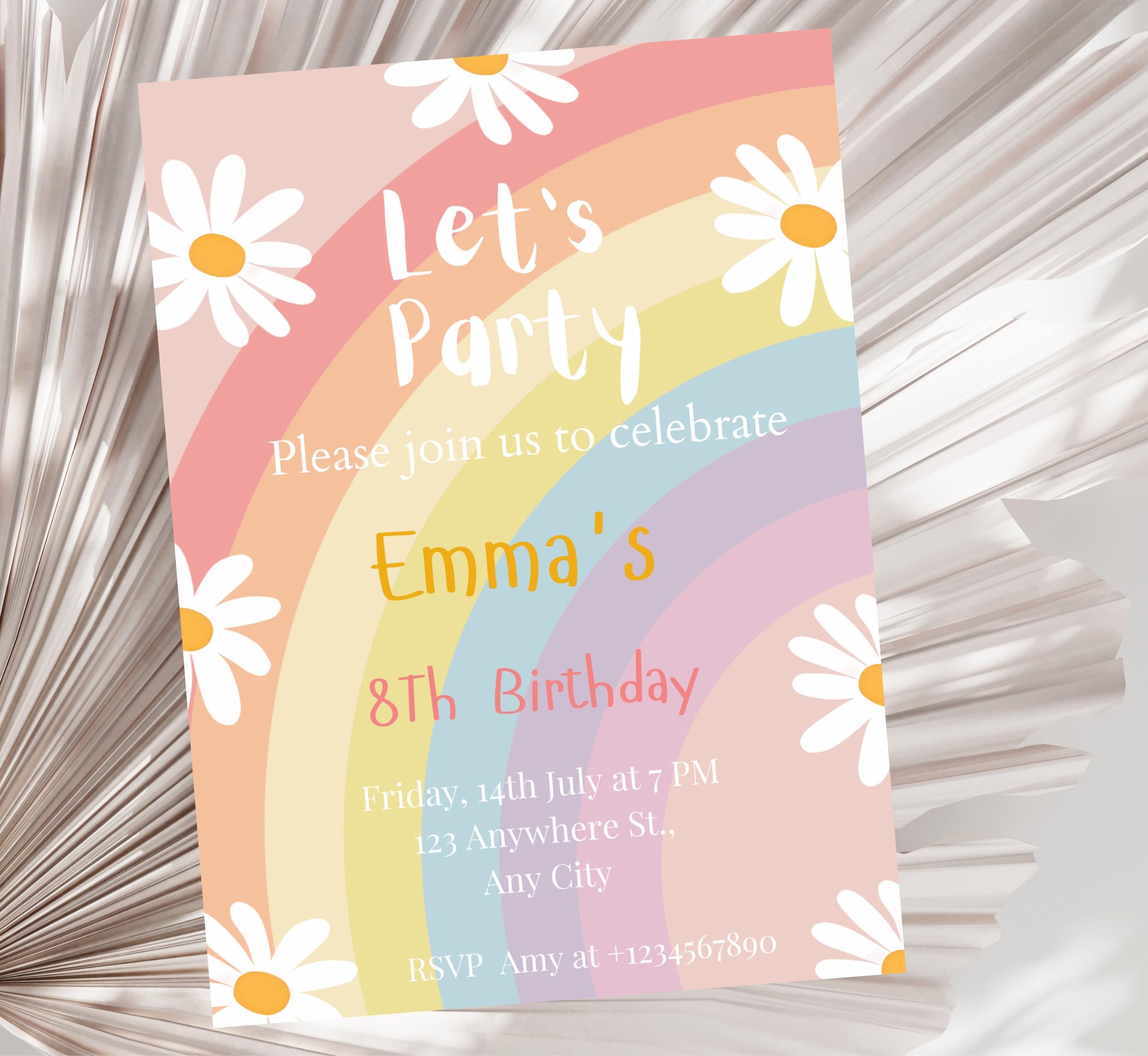 Editable Daisy Pastel Rainbow Birthday Party Invitation, Groovy Retro ...