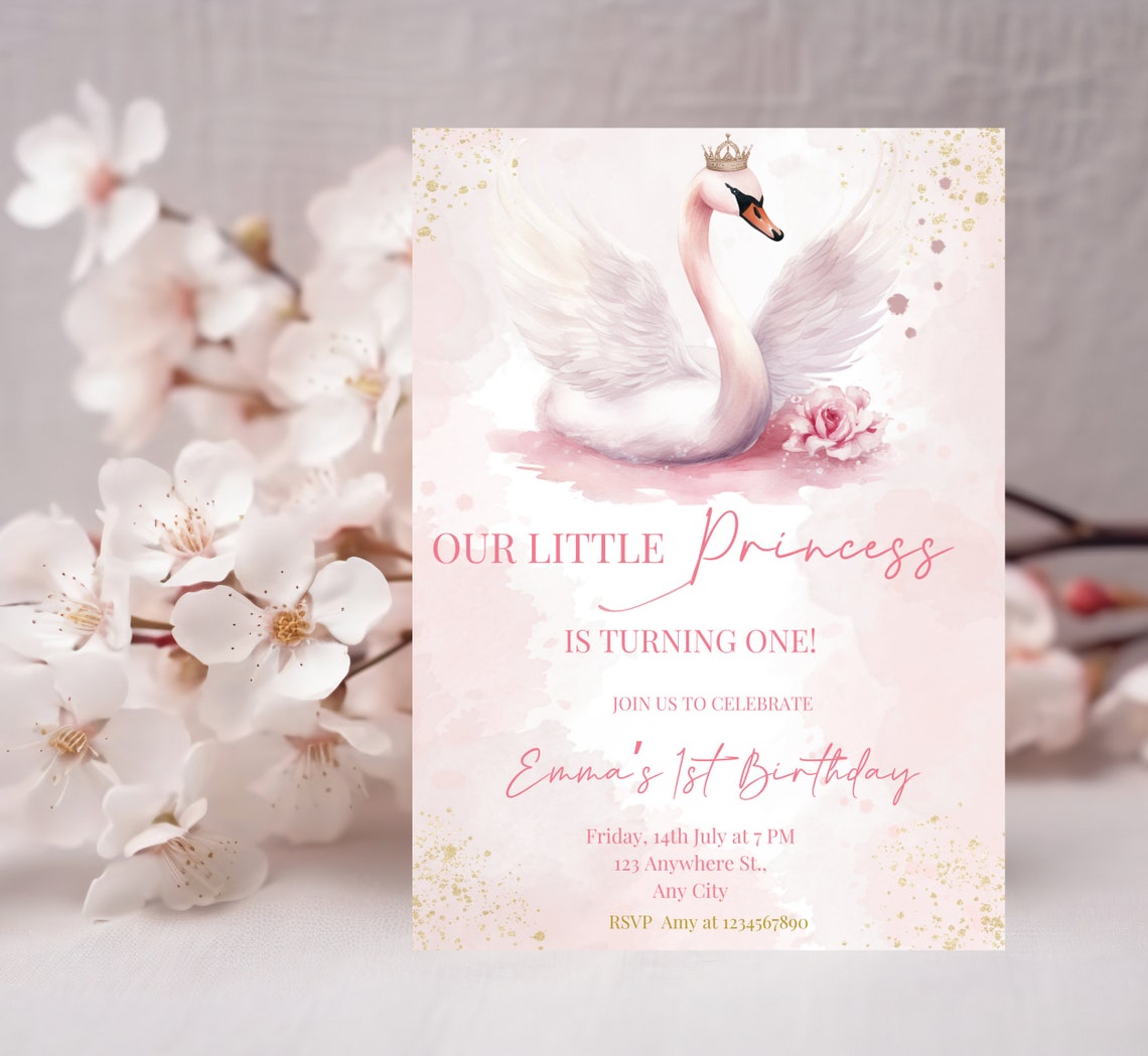 Editable Swan Princess Theme 1st, 2nd Birthday Invite, Girl Pink and ...