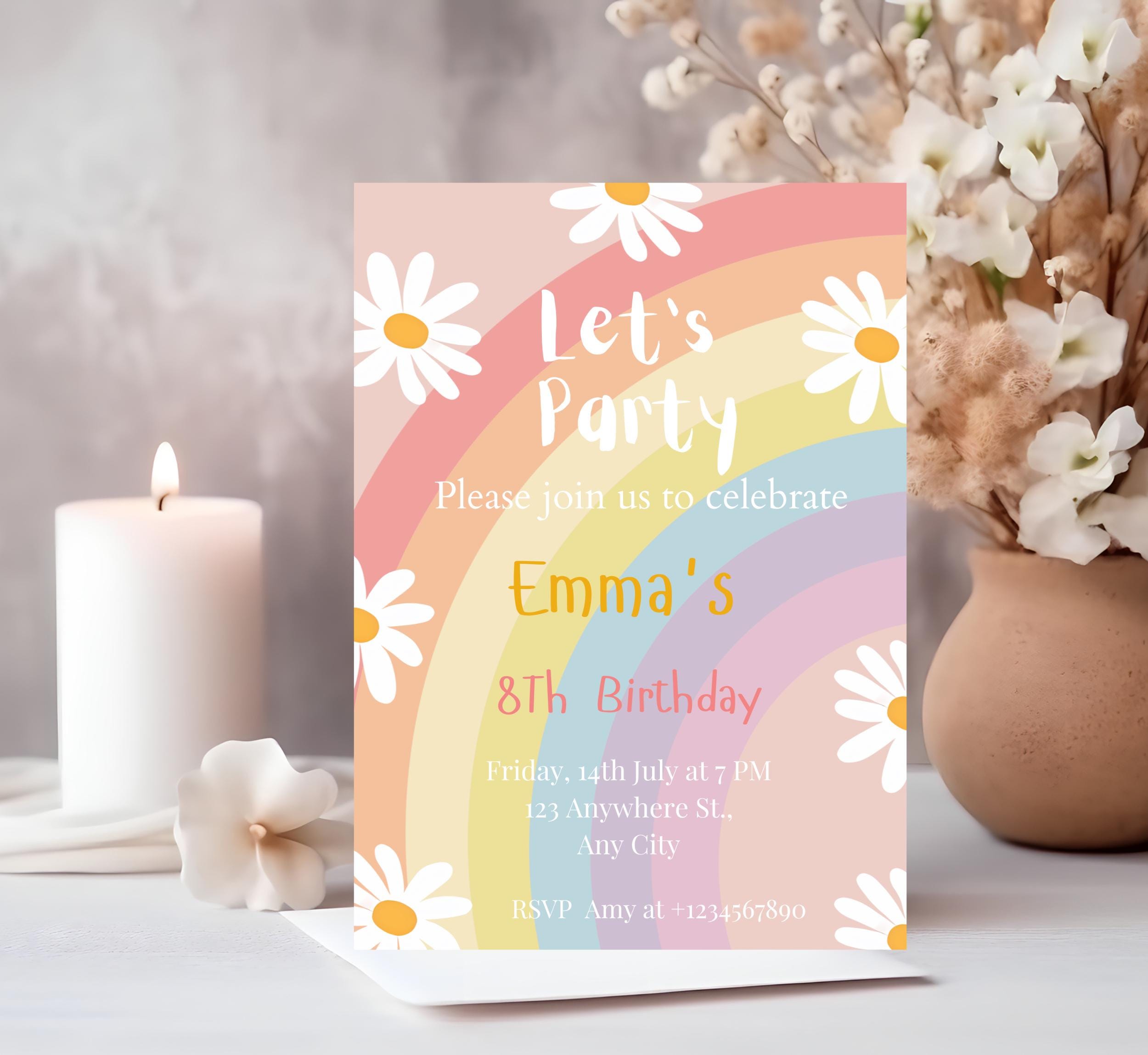 Editable Daisy Pastel Rainbow Birthday Party Invitation, Groovy Retro ...