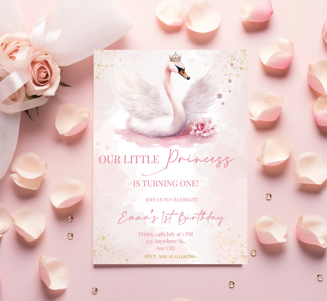 Editable Swan Princess Theme 1st, 2nd Birthday Invite, Girl Pink and ...