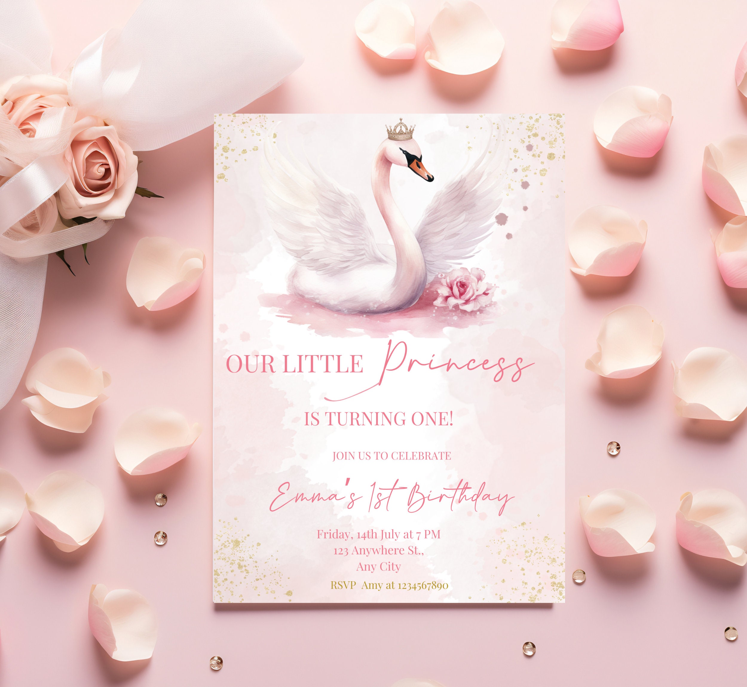 Editable Swan Princess Theme 1st, 2nd Birthday Invite, Girl Pink and ...