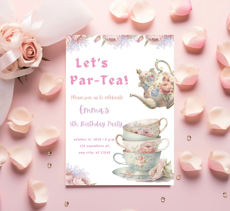 Editable Let's Par-tea Birthday Invitation, Tea Party Girls Birthday ...
