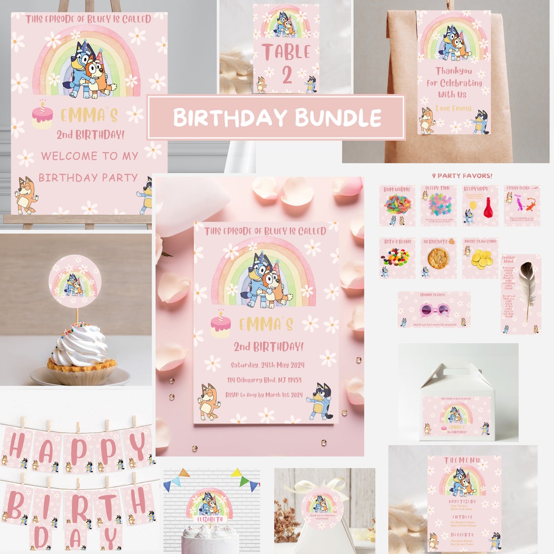 Editable Girl Bluey Birthday Kit Bundle, Printable Bluey Party Supplies ...