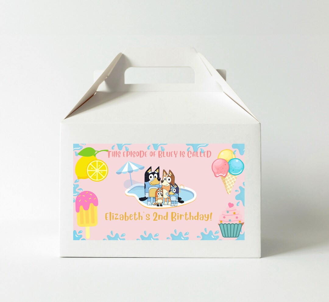 Editable Bluey Girl Gable Box Favor Label, Bluey Pool Party Favor Box ...
