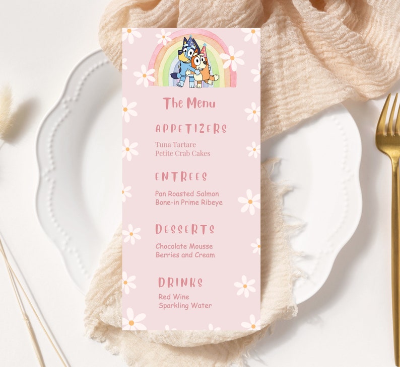 Editable Bluey Girl Menu Sign, Bluey Party Supplies Bluey Party ...