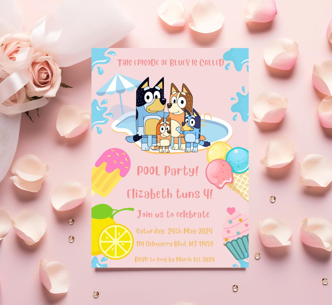 Editable Girl Bluey Pool Party Birthday Invitation Template, Printable ...