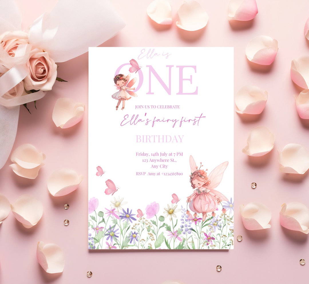 Editable Fairy First Birthday Invitation Wildflower Garden Fairy Floral ...