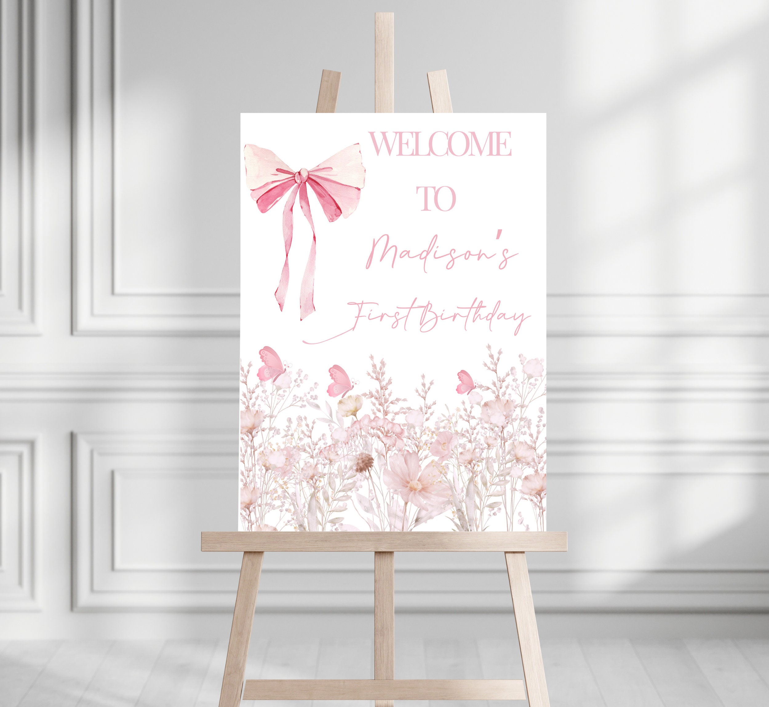 Editable Pink Bow Welcome Sign for Birthday, Minimalist Birthday Pink ...